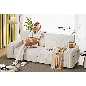 Yaheetech 83.5" W Modern Sofa Couch 2 Seater Corduroy Fabric Sofa with USB Charging Ports & Side Storage Pockets for Living Room Apartment, Ivory