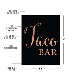 Andaz Press Wedding Party Signs, Faux Rose Gold Glitter on Black, 8.5x11-inch, Taco Bar, 1-Pack, Colored Party Supplies Decorations