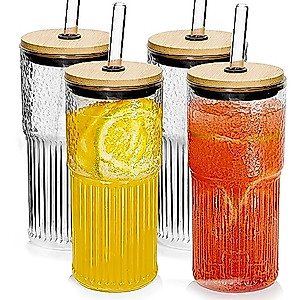 ANOTION Glass Cups with Lids and Straws 22oz - Coffee Cups Drinking Glasses Iced Coffee Cup Smoothie Cup Glass Tumbler Water Glasses Ribbed Glassware Clear Cups Travel Coffee Mug Glasses Drinking Set