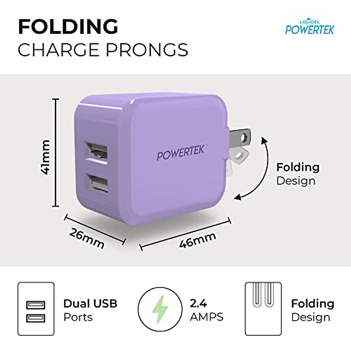 Liquipel Powertek Dual USB-A Wall Charger, Beveled Edges, Foldable, Compact, Pastel Colors (Purple)
