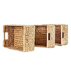 Large Wicker Basket Rectangular with Wooden Handles for Shelves, Water Hyacinth Basket Storage, Natural Baskets for Organizing, Wicker Baskets for Storage 14.5 x 10.3 x 7.5 inches - 3 Pack
