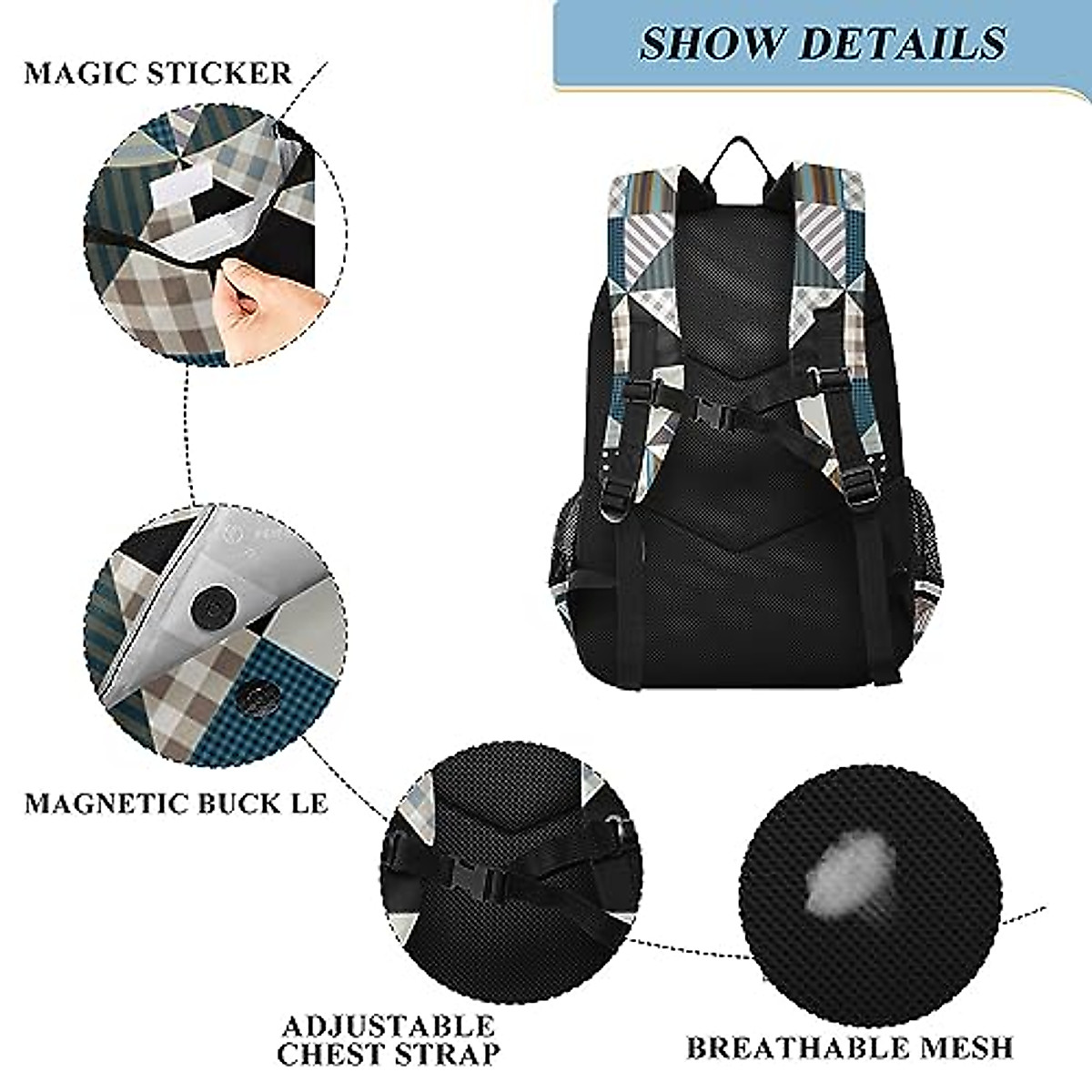 ODAWA Patchwork Geometric Pattern Kids School Backpack with Reflective Strips Laptop Bookbag for Women Travel Daypack