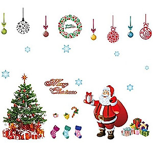 LONGTEN Christmas Windows Static Stickers Clings Santa Claus Snowman Deer Snowflake Removable Vinyl Christmas Tree DIY Window Door Mural Decal Sticker for Showcase A