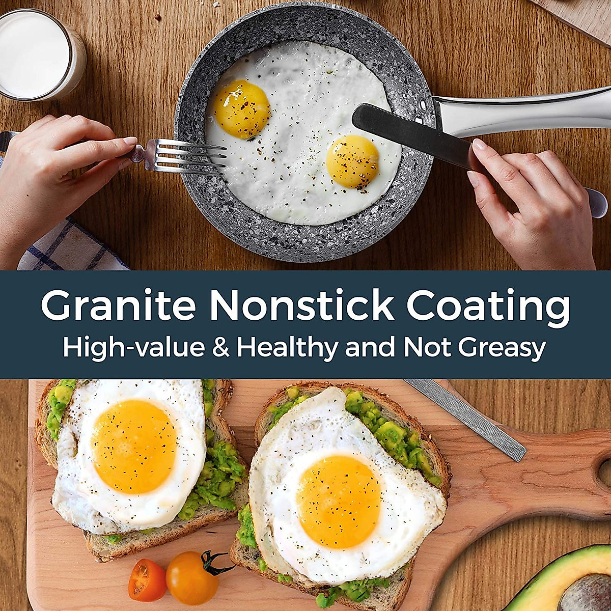 KOCH SYSTEME CS 8"+11" Premium Nonstick granite stone Frying Pan Sets, Gray Nonstick Frying Pan Sets with Lids, Aluminum Pan for Effortless Cooking, Kitchen Cookware Sets Compatible for all Stoves