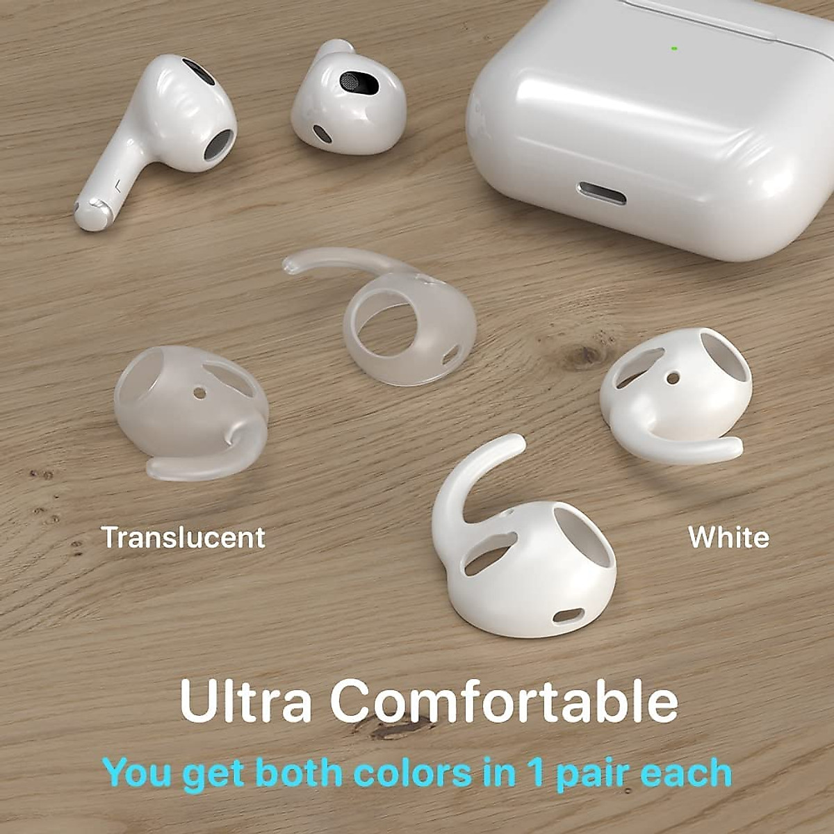 CharJenPro Patented Ear Hooks for AirPods Pro and AirPods 3 (3rd Generation). Stays in Ears, Ultra Comfortable, Covers Never Falls Off. (White & Translucent)