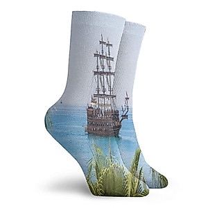 Pirate Funny Compression Socks Women and Men,Sailing Yacht In Clear Blue Sea Palm Trees Sunny Summer Day Exploration,Best for Circulation,Running,Athletic,Nurse,Travel,Brown Pale Blue Green -12 inch