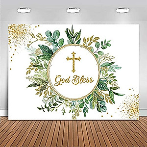 Mocsicka God Bless Backdrop First Communion Baptism Christening Party Decorations Vinyl Green Leaves Newborn Baby Shower Photography Background Photo Booth (7x5ft)