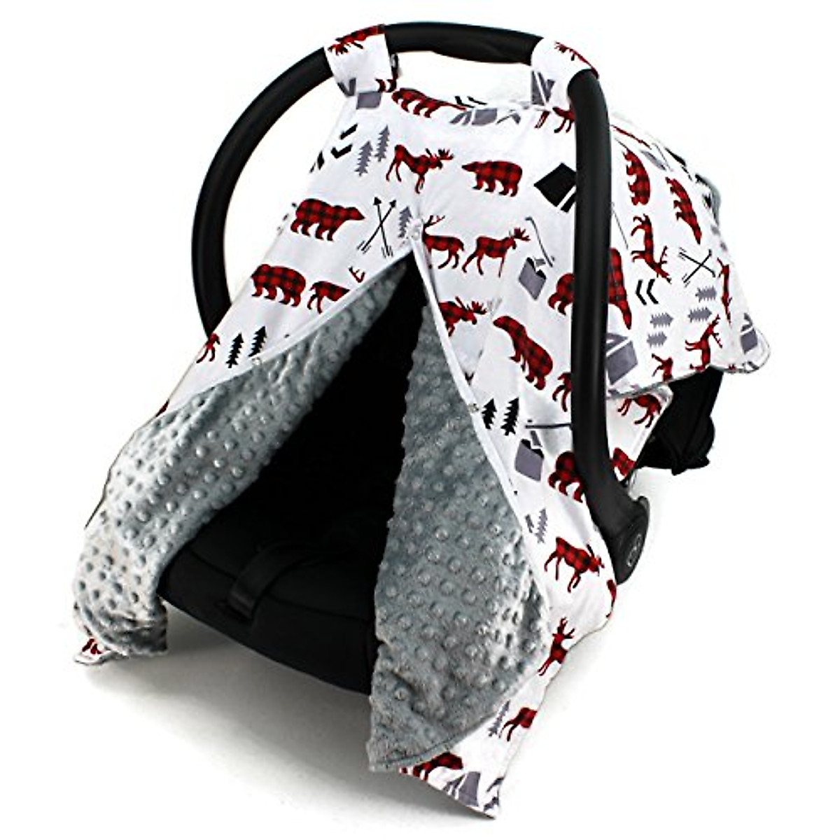Dear Baby Gear Car Seat Canopy, Woodland Adventure Bear Moose Plaid, Minky Grey
