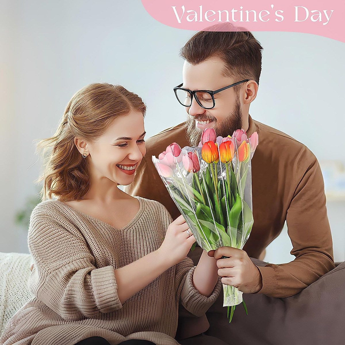 NUOMI 100 Pcs Flower Bouquet Bag Plastic Wrapping Bags with Lace Decor Disposable Cellophane Floral Bouquet Sleeve for Wedding, Mother's Day, Birthday, Holiday, Valentine, 19 Inch