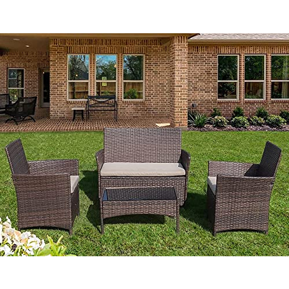 Devoko 4 Pieces Patio Porch Furniture Sets PE Rattan Wicker Chairs Beige Cushion with Table Outdoor Garden Patio Furniture Sets (Brown)