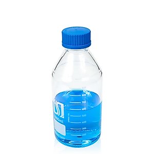 ALWSCI 1000ml Graduated Glass Round Media Storage Bottle with blue GL45 Screw Cap, 3.3 Borosilicate Glass, Wide Mouth Lab Reagent Bottle, Pack of 1