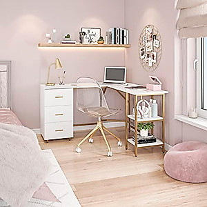 Techni Mobili L Shaped Desk - Two-Toned Computer Desk with Drawers & Storage Shelves - Simple Modern Furniture & Home Office Space Corner Table for Work & Writing