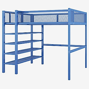 Bellemave Full Size Metal Loft Bed with 4-Tier Shelves and Storage, Loft Bed with Bookshelf (Blue)