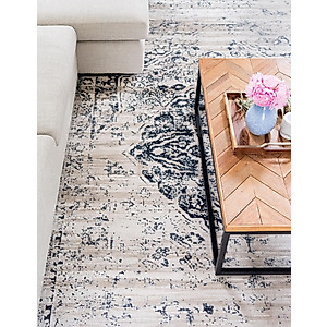 Unique Loom Chateau Collection High-Low Pile, Vintage, Traditional, Distressed, Medallion Area Rug (5' 0 x 8' 0 Rectangular, Beige/Navy Blue)