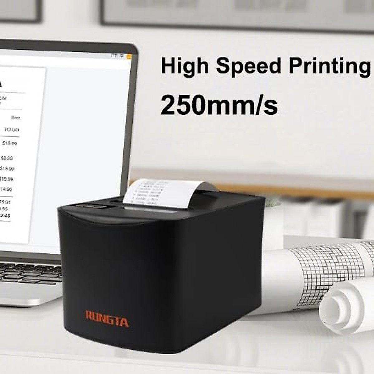 Rongta Thermal Receipt Printer, 80mm High-Speed POS Printer with Auto Cutter, 250mm/s, Ideal for Kitchen & Small Business, Compatible with Windows, Linux, MacOS