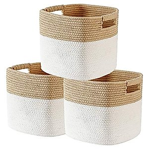sunla Woven Cotton Rope Storage Baskets Set of 3 Foldable Cube Storage Basket, Durable Decor Rope Basket for Organizing Clothes, Baby Toy, Towel, 10.5" x 10.5" x 11", Yellow White