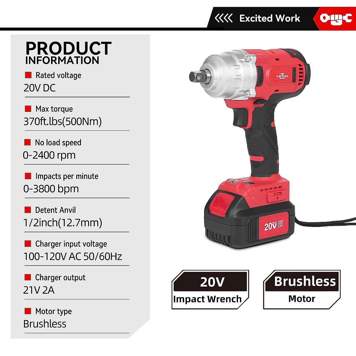 Excited Work 20V Brushless Impact Wrench with 1/2inch 4 Pcs Impact Wrench Socket Set，370 Ft-lbs(500Nm) High Torque，4.0Ah Li-ion Battery Tire Nut Removal Cordless Power Tool