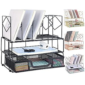 Becomrock Desk Organizers and Accessories, Office Supplies Desktop Organizer, Desk File Organizer with Sliding Drawer, Dual Tray and 5 Upright Section, File Folder Holder for Desk (Black)