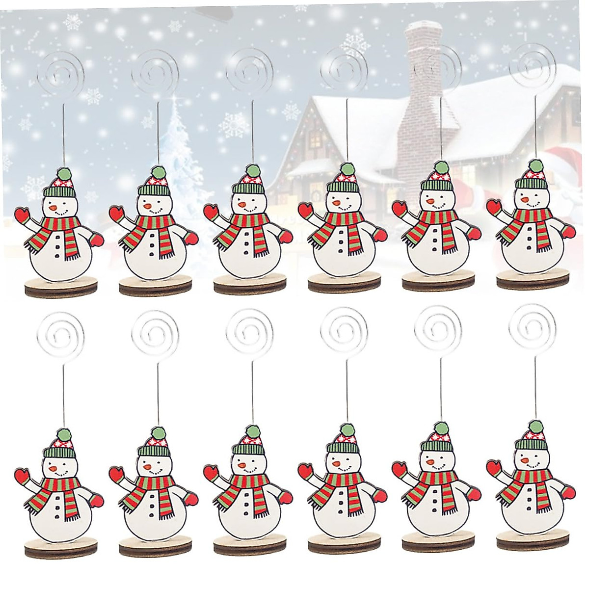 DOITOOL 12Pcs Christmas Place Card Holders, Christmas Wood Place Card Holders with Swirl Wire, Christmas Snowman Note Photos Stand for Xmas Party Wedding Party Decoration (Snowman)