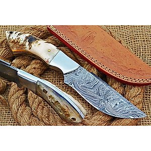 HUNTEX Handmade Hand-Forged Twist Pattern Damascus Steel 9 Inch Long Full Tang Natural Ram Horn Handle Razor Sharp Hunting Camping Boot Knife w/Genuine Leather Pouch