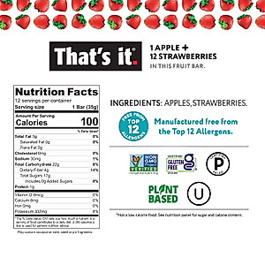 That's it. Apple + Strawberry 100% Natural Real Fruit Bar, Best High Fiber Vegan, Gluten Free Healthy Snack, Paleo for Children & Adults, Non GMO No Sugar Added, No Preservatives Energy Food (12 Pack)
