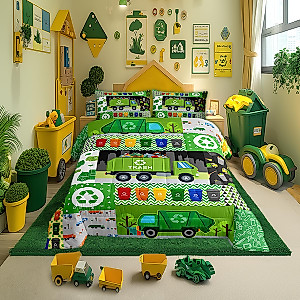 Cartoon Garbage Truck Bedding Comforter Sets Twin,Colorful Trash Can Cute Green Cars Trees Bedding Set for Bedroom,Watercolor Abstract Stripes Geometric Art with 1 Comforter and 1 Pillowcase