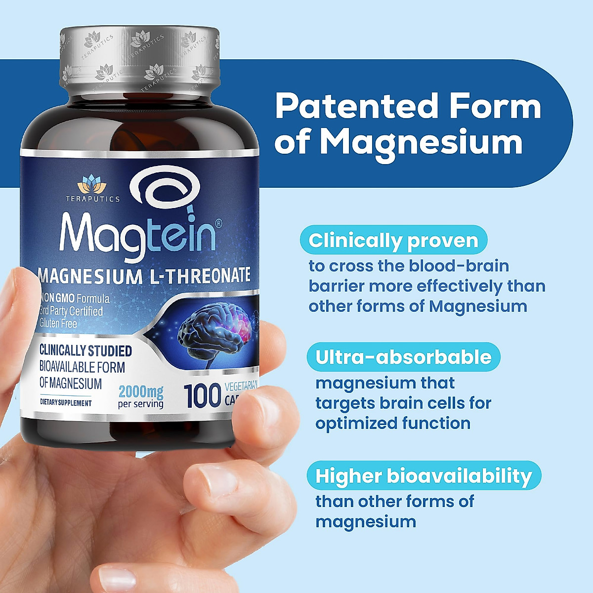Magnesium L Threonate (Original Magtein Formula) - 2000 mg 100 Vegan Capsules Non-GMO Highly Absorptive Pure Supplement A Vitamin for Cognition Pills are Without Laxative Properties