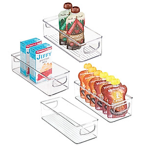 mDesign Plastic Stackable Small Organizing Bin Kitchen Pantry Cabinet, Refrigerator, Freezer Food Organization Storage Bins with Handles, Drawer Container Organizer for Yogurt, Pouches, 4 Pack - Clear