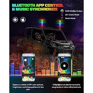 CO LIGHT Fat Spiral LED Whip Lights Thick Antenna 1FT Remote Control RGB Chasing/Dancing Light for UTV ATV 2PCS, APP-Supported 300 Colors & 200 Modes with Turn Signal, Brake Light, Reversing Light