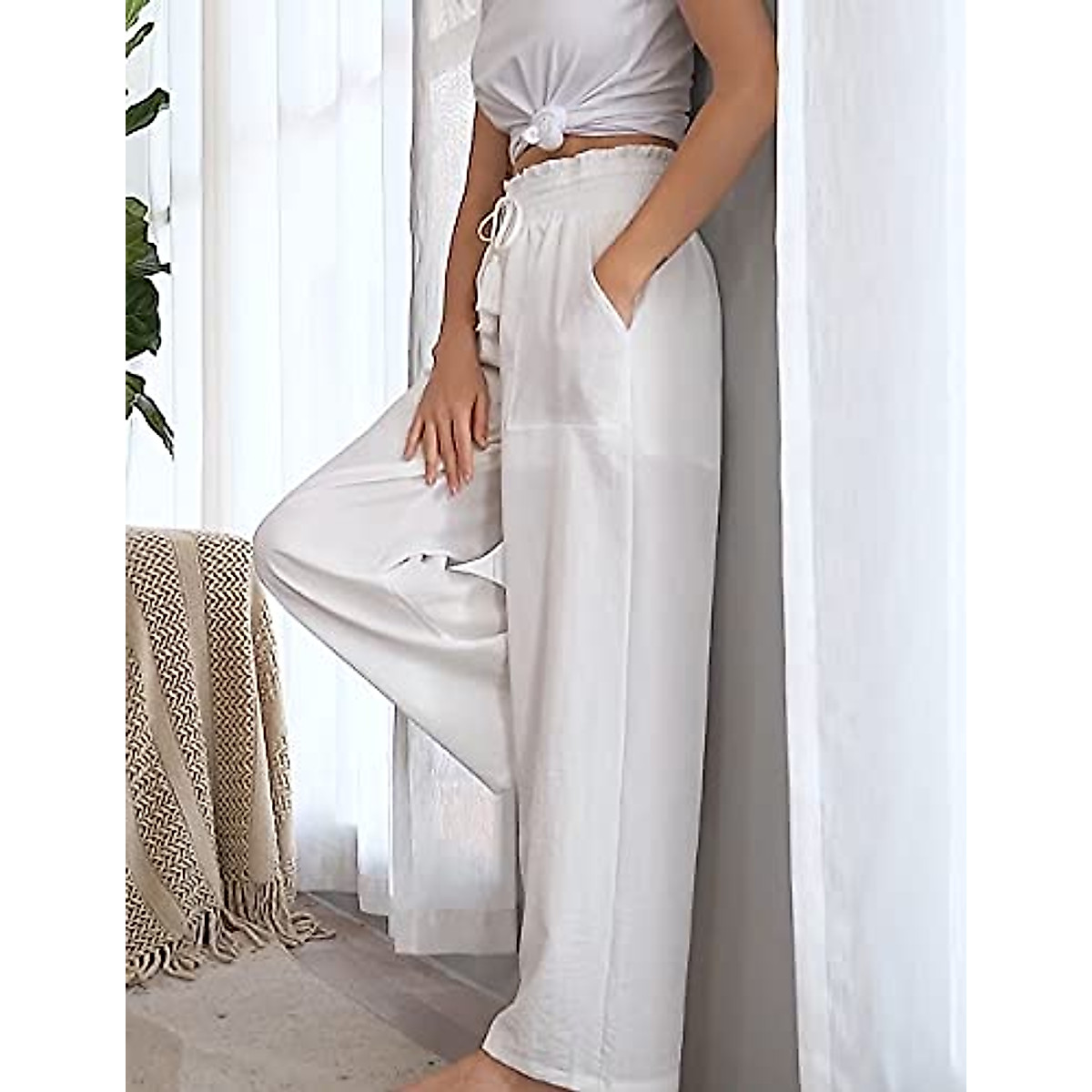 Rapbin Women's Cotton Linen Pants Casual Drawstring Loose Elastic Waist Beach Trousers with Pockets White L