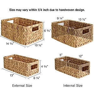 StorageWorks Water Hyacinth Storage Baskets, Square Wicker Baskets with Built-in Handles, Hand-Woven Baskets for Bedroom, Bathroom, Pantry, Shelves, Set of 3 (1PC Large, 2PCS Medium)