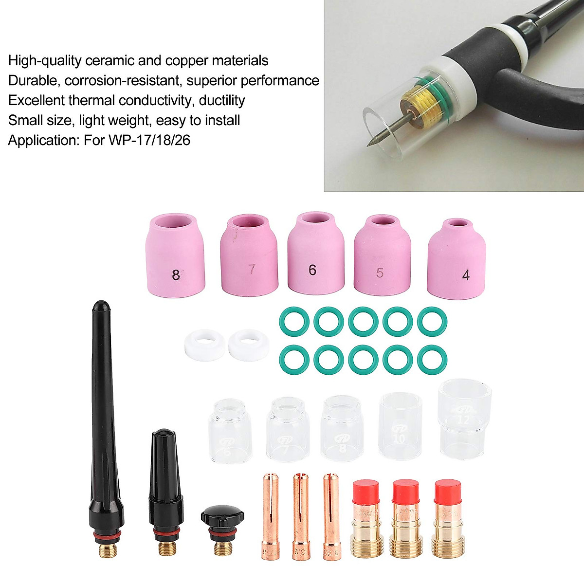 TIG Welding Equipment Welding Nozzle, 31Pcs/Set Ceramic Welding Nozzle Torch Gas Lens Welder Tip with Glass Cup