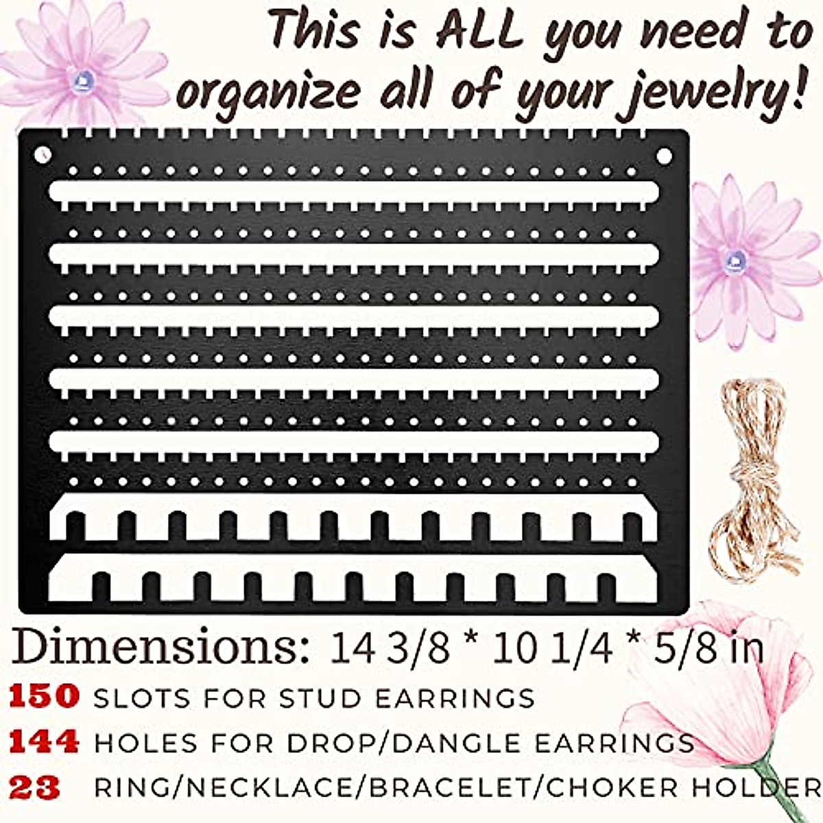 Wooden Jewelry Organizer Wall Mounted, Hanging Jewelry Organizer Earring Organizer Necklace Holder Bracelet Holder Over The Door, Jewelry Holder for Earrings, Necklaces &Rings (Black)