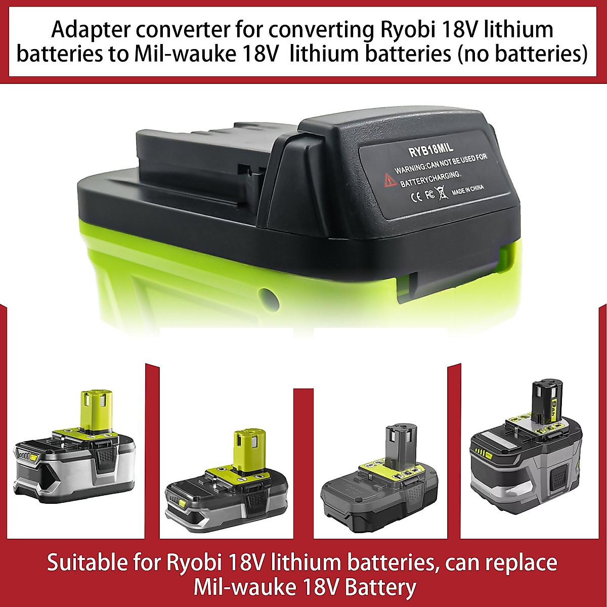 Laimiao Adapter for Ryobi 18V Battery, Convert to Replace for Milwaukee M18 18V Lithium Battery for Milwaukee M18 18V Power Tools(RYB18ML Adapter Not Battery)