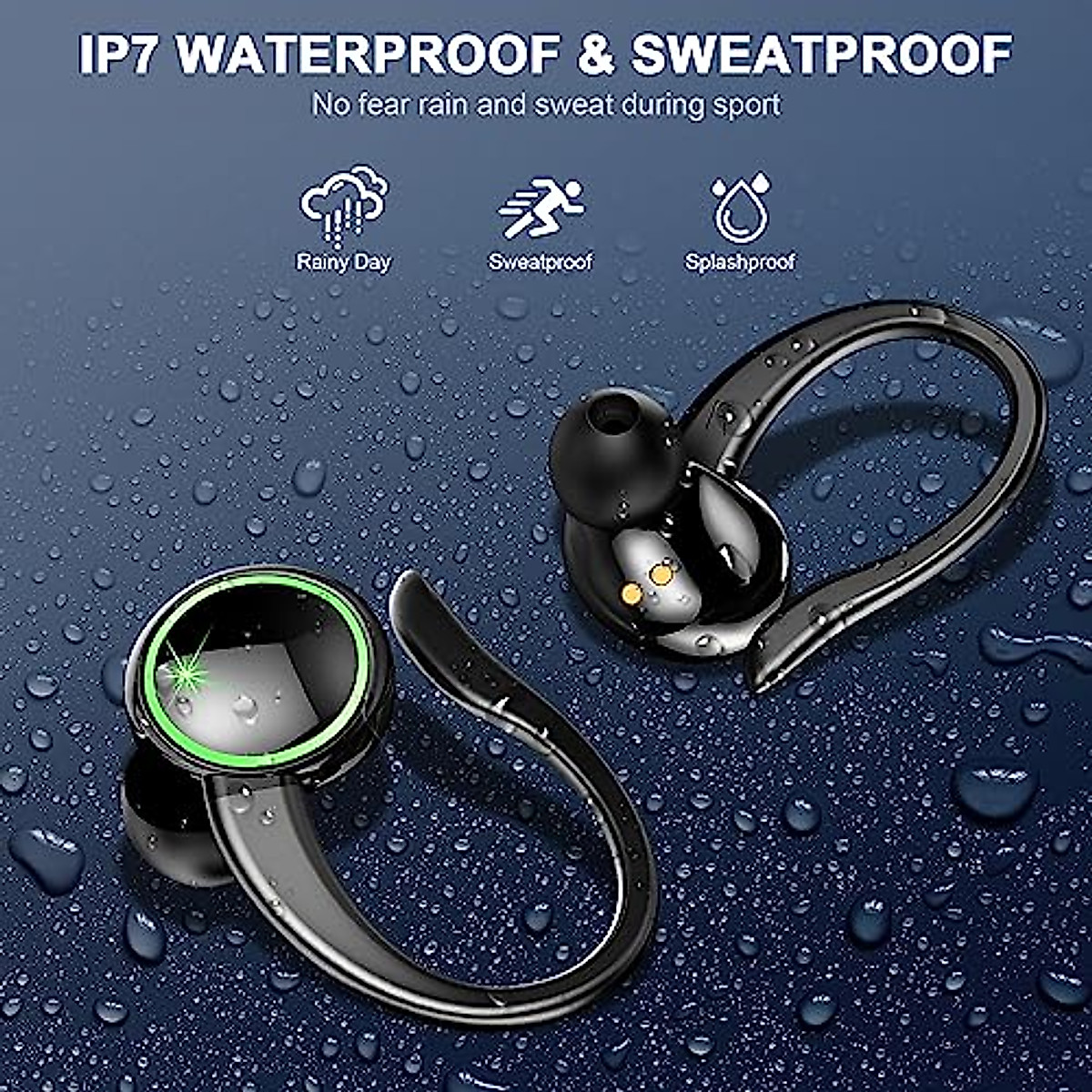 Headphones Bluetooth 5.3 Wireless Earbuds ENC Noise Cancelling Mic, Bass Stereo Over Ear buds with Earhooks, 48H Playback and Dual LED Display, IP7 Waterproof Earphones for Sports/Workouts/Gym/Gaming