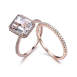 White Topaz Engagement Ring Set Diamond wedding ring 14K Rose Gold 10x8mm Emerald Cut Stone Promise