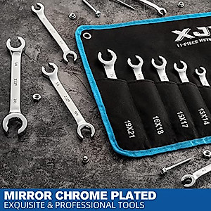 XJX Flare Nut Wrench Set | 11-Piece | SAE & Metric | 1/4"-7/8" and 9-21mm | CR-V Steel | Brake Line Wrenches Set with Rolling Pouch