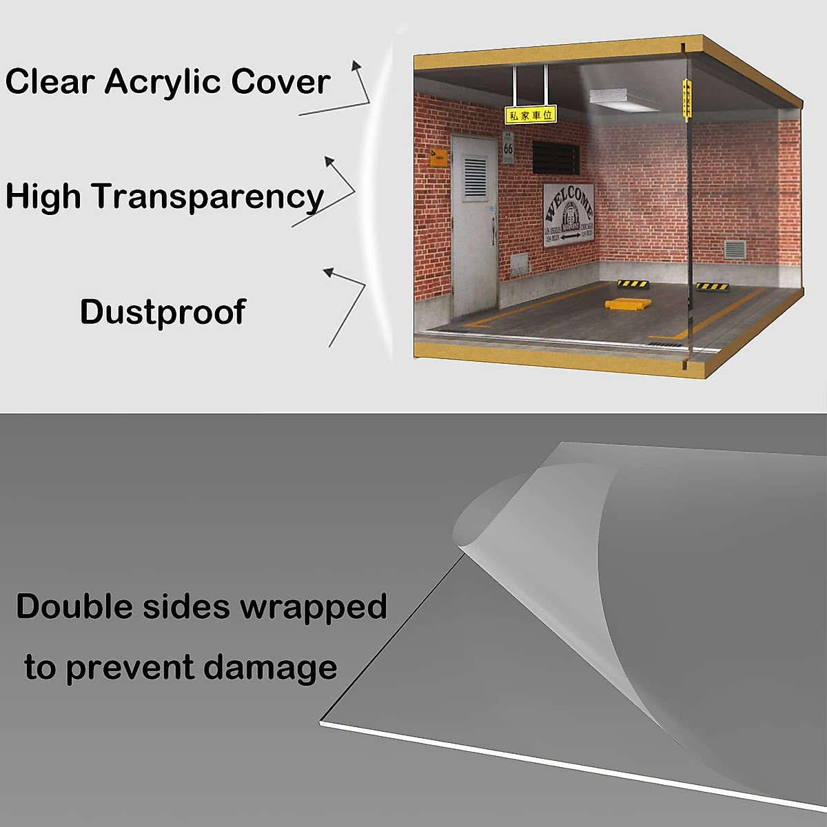 1/18 Scale Model Car Display Case - 1:18 Car Garage Display Case with Clear Acrylic Cover and LED Lighting for Die-Cast Cars, 1 Parking Route 66-Left