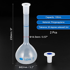 PATIKIL 100ml Volumetric Flask, 2 Pack Polypropylene Graduated Volumetric Measuring Flask with Plug Cap Tolerance 0.3ml for Laboratory Experiment, Translucent