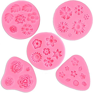 GELIFATLE Flower Fondant Cake Molds, Daisy, Rose, Chrysanthemum and Small Flower Candy Silicone Molds for Chocolate Fondant Polymer Clay Soap Crafting Projects & Cake Decoration (5pack)