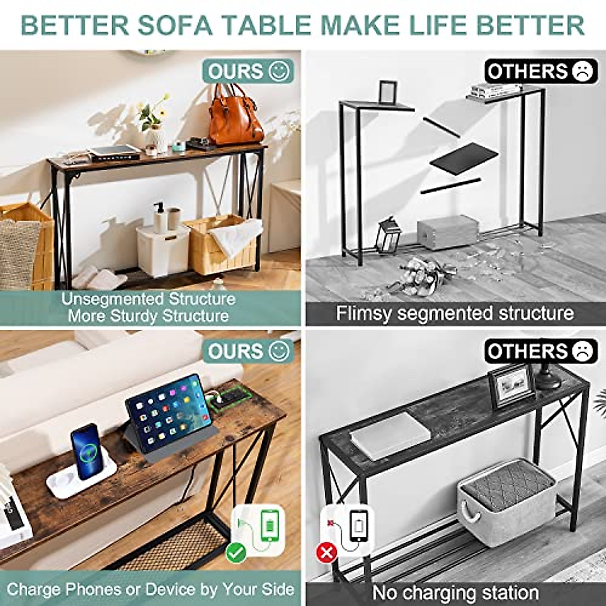 Yoobure Console Tables Entryway 47.3" Sofa Tables Narrow Long Entry Table with USB Ports Behind Couch Entrance Hallway Table with Stable Metal Support Living Room, Rustic Brown