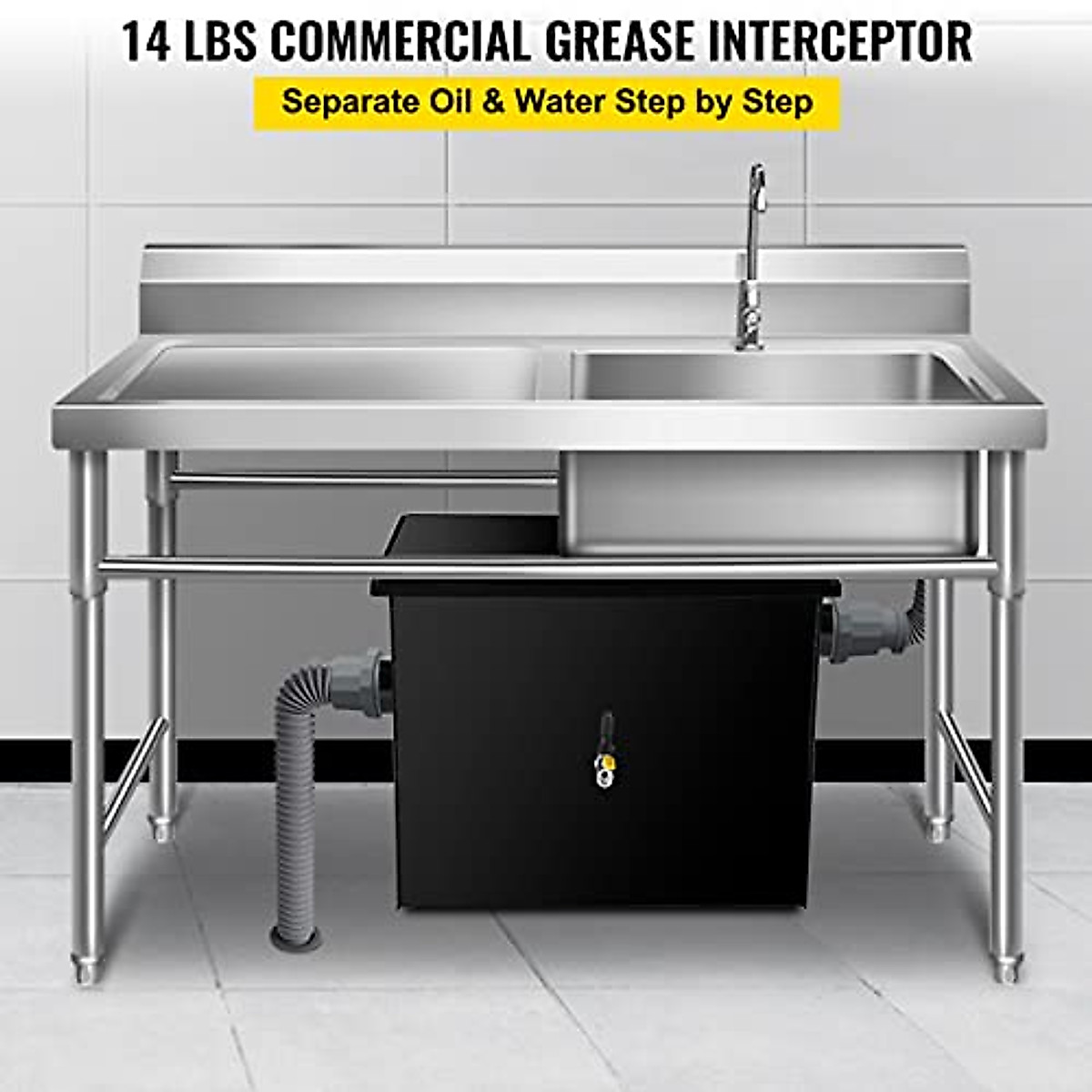 VEVOR 14 LB Commercial, Carbon Steel 7 GPM, Interceptor Side Water Inlet, Under Sink Grease Trap for Restaurant Canteen Factory Home Kitchen, Black