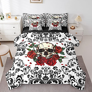 Erosebridal Skull Red Roses 7 Piece Bedding Set King Black Damask Floral Gothic Bed in A Bag Halloween Skull Skeleton Comforter Set with Sheets for Kids Boys Adults,Goth Hippie Skull Bed Set White