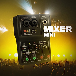 Mini 2 channel audio DJ mixer console interface with 48V phantom power Combo Jack Microphone/Guitar XLR+6.35mm, 3.5mm Stereo in, Headphone Jack for studio live show,party recording