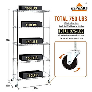 EZPEAKS 2-Pack Chrome 5-Shelf Shelving Units and Storage Rack on Wheels with 5-Shelf Liners, NSF Certified, Adjustable Matel Wire Shelving Unit Rack for Garage, Kitchen, Office, (63H X 30W X 14D)