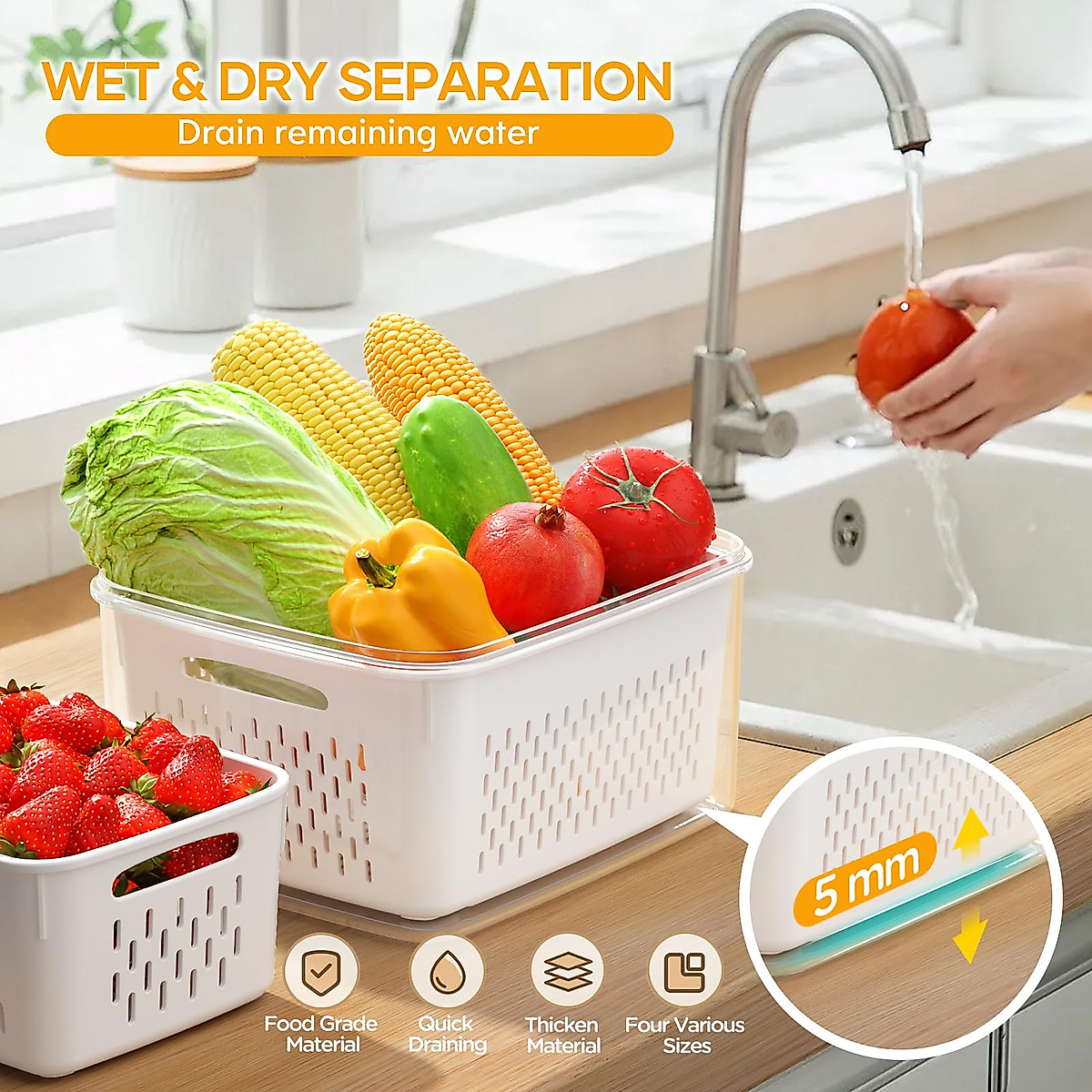 4 Pack Fruit Storage Containers for Fridge with Removable Colanders, Airtight Produce Vegetable Berry Containers for Fridge, All-In-One Food Storage Containers for Washing, Draining, Freshness