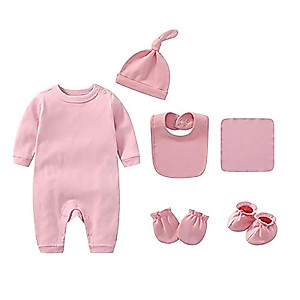 Infant Romper+Burp Cloth+Bib+Mittens+Shoes+Cap Set Breathable Healthy Fabric Tops for Baby (Pink, (0-3) month)