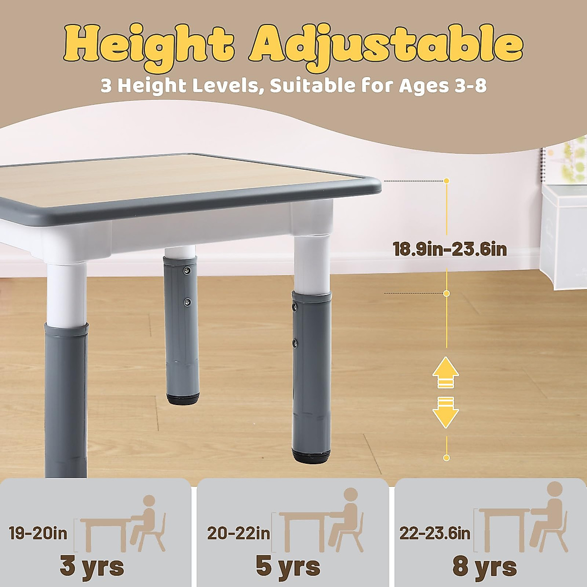 FUNLIO Kids Table and 2 Chairs Set for Ages 3-8, Height Adjustable Toddler Table and Chair Set, Easy to Wipe Arts & Crafts Table, for Classrooms/Daycares/Homes, CPC & CE Approved (3pcs Set) – Grey