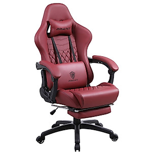 Dowinx Gaming Chair Office Desk Chair with Massage Lumbar Support, Vintage Style Armchair PU Leather E-Sports Gamer Chairs with Retractable Footrest (Red)