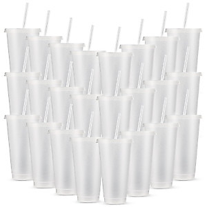 Amyhill 24 Pcs Reusable Cups with Lids and Straws 24 oz Glitter Iced Coffee Tumbler Plastic Travel Mug Cup for Smoothie Juices Birthday Sleepover Party Supplies for Girls(Clear)